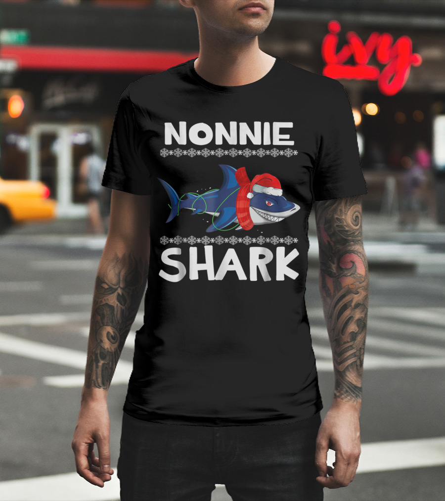 Nonnie Shark Christmas Family With Santa Hat And Scarf T-Shirt