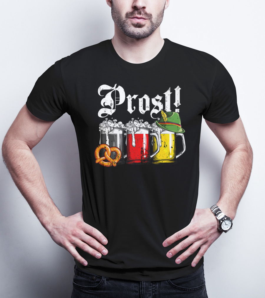 Prost Beer German Flag Oktoberfest With Pretzel And Bavarian Hat T-Shirt