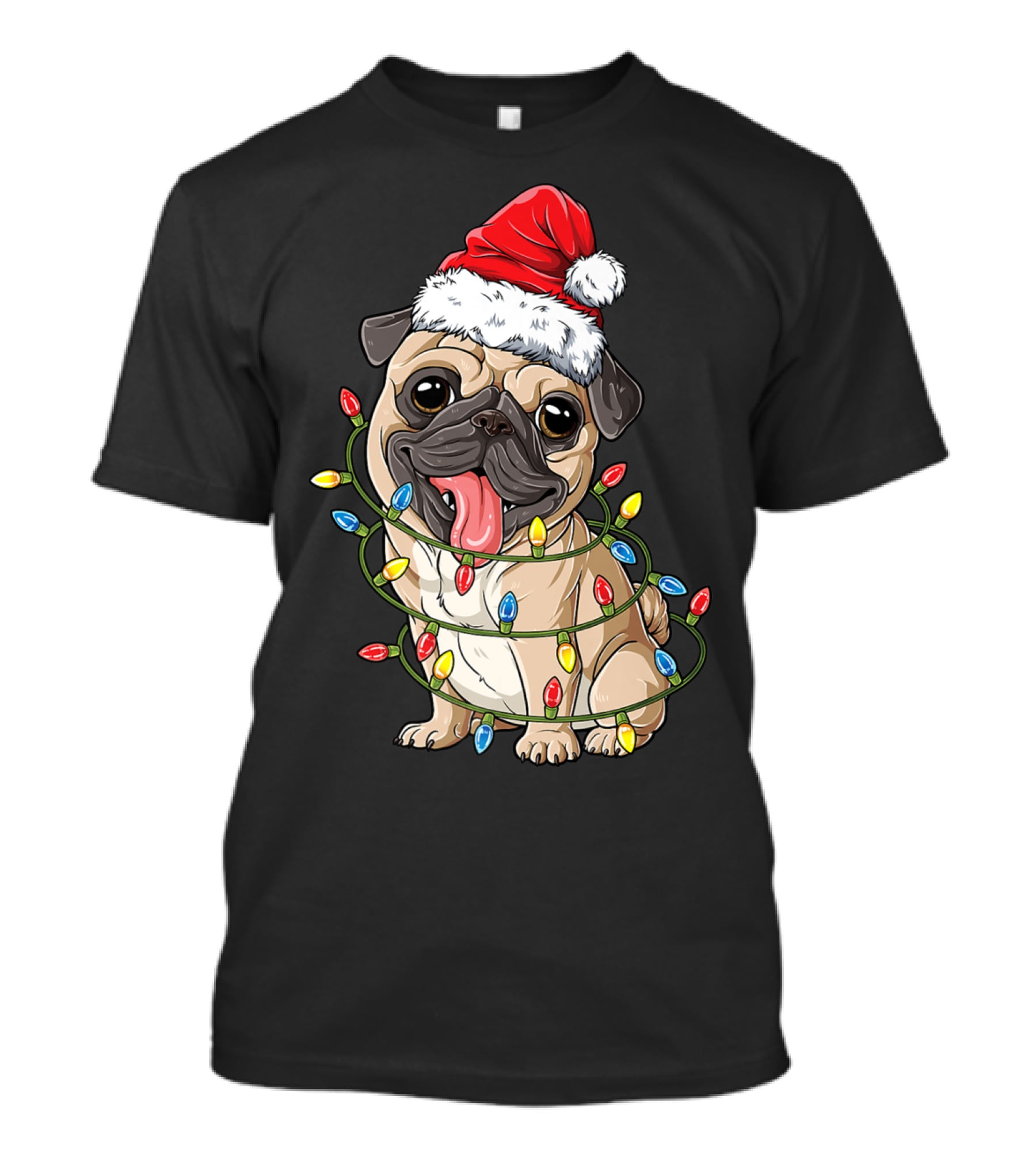 Pug Wearing Santa Hat Wrapped In Xmas Lights For Christmas T-Shirt