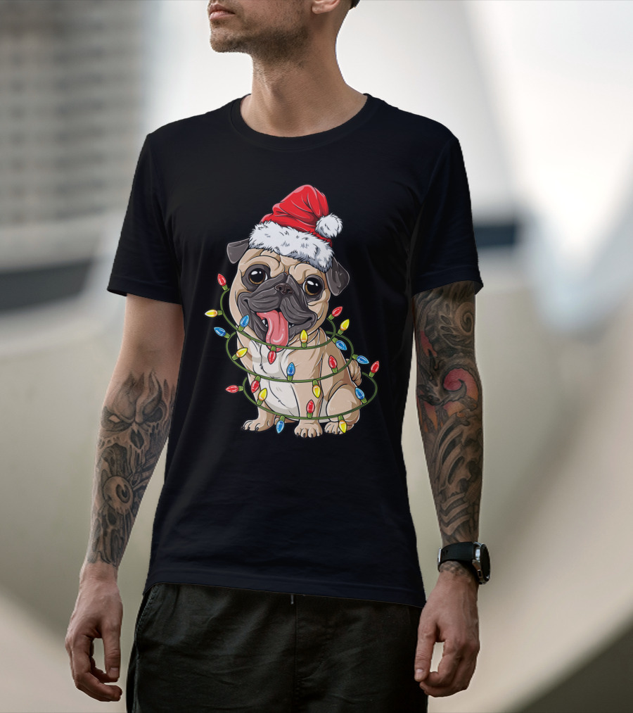 Pug Wearing Santa Hat Wrapped In Xmas Lights For Christmas T-Shirt