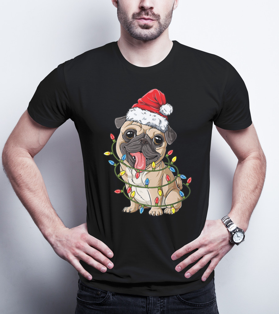 Pug Wearing Santa Hat Wrapped In Xmas Lights For Christmas T-Shirt