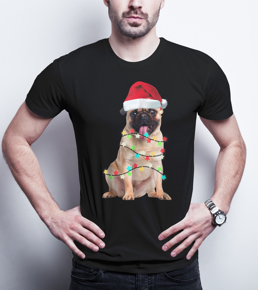 Pug Santa Christmas Light Wrapping Festive Holiday Hat T-Shirt
