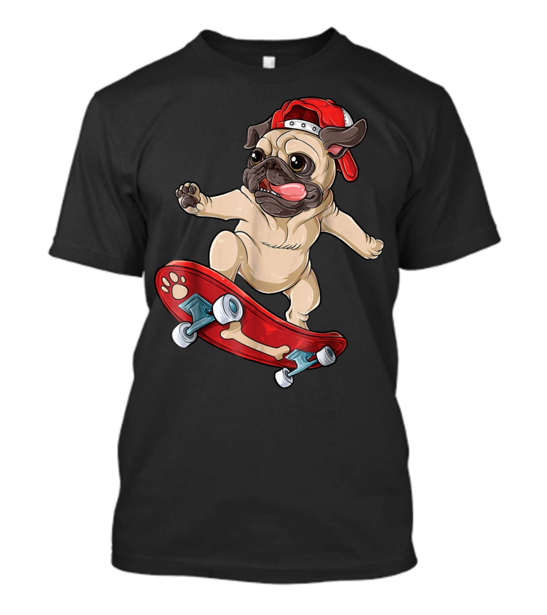 Pug Puppy Skater With Red Hat And Paw Print Skateboard T-Shirt