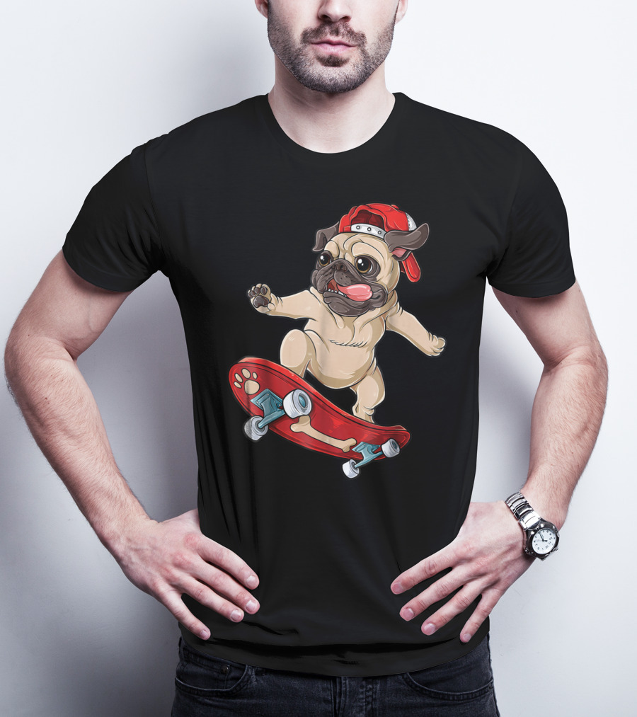 Pug Puppy Skater With Red Hat And Paw Print Skateboard T-Shirt