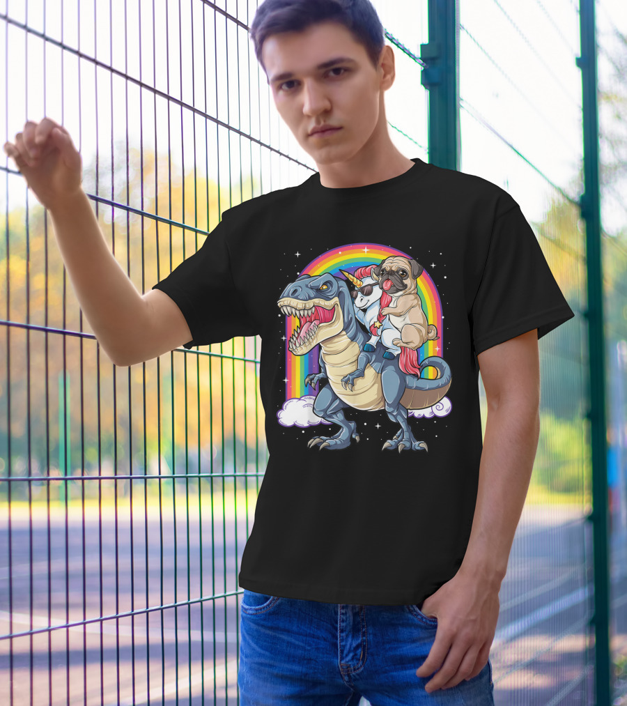 Pug Riding Unicorn Riding Dinosaur Under Rainbow T-Shirt