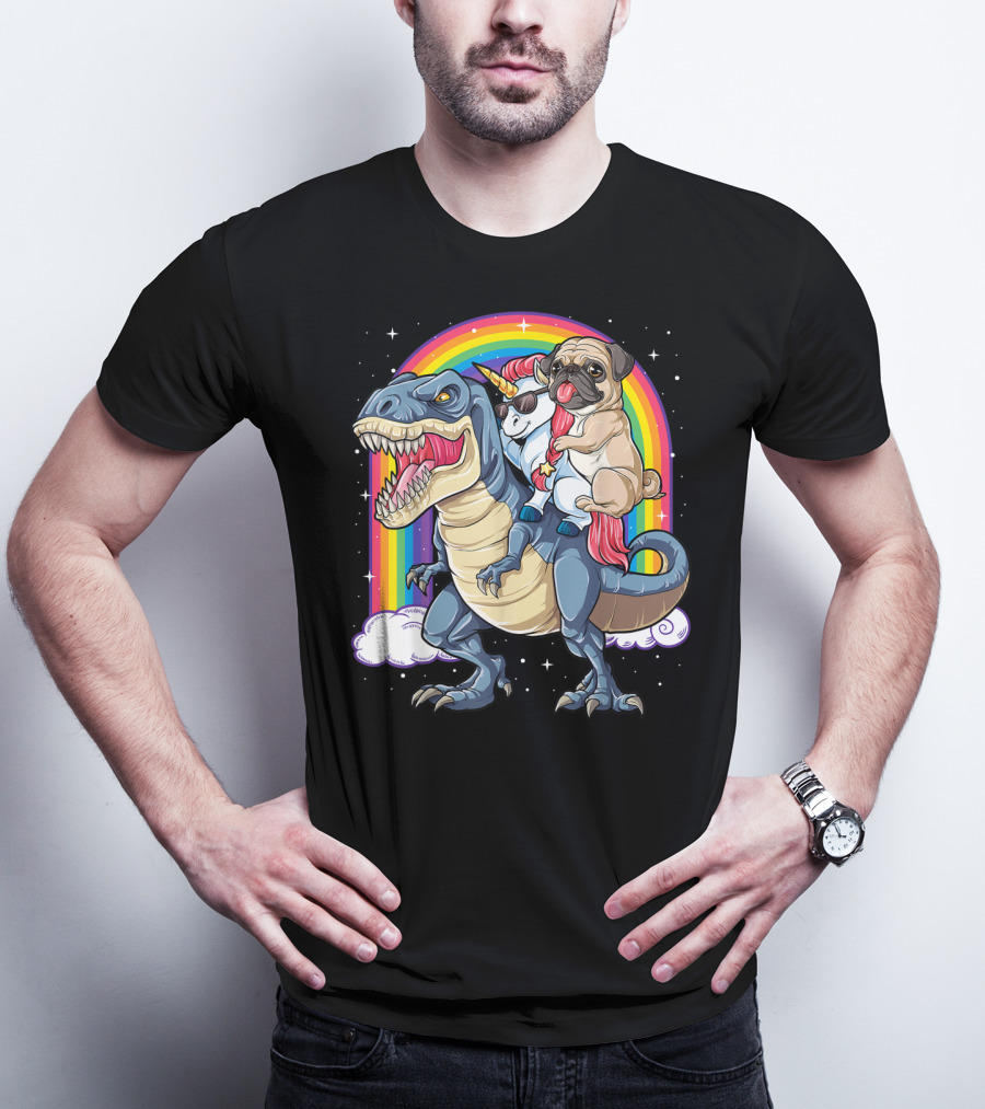 Pug Riding Unicorn Riding Dinosaur Under Rainbow T-Shirt