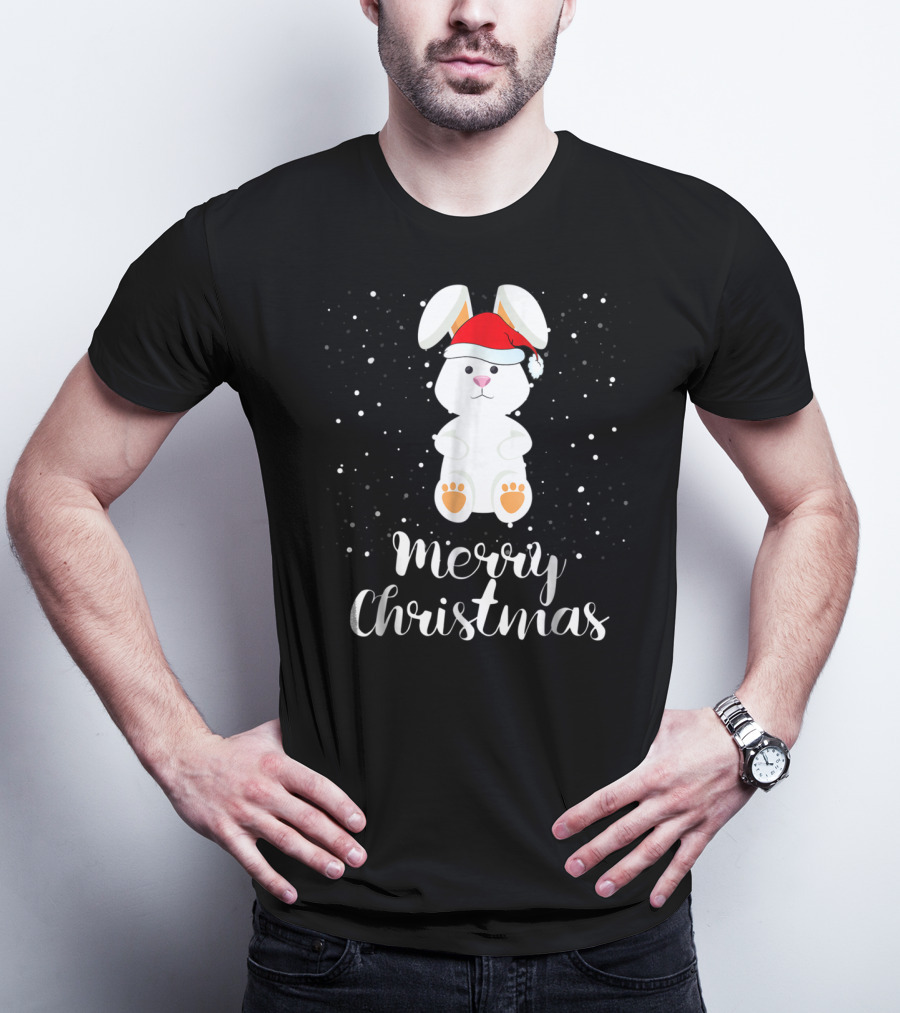 Merry Christmas Rabbit Funny Santa Hat Matching Family Group T-Shirt