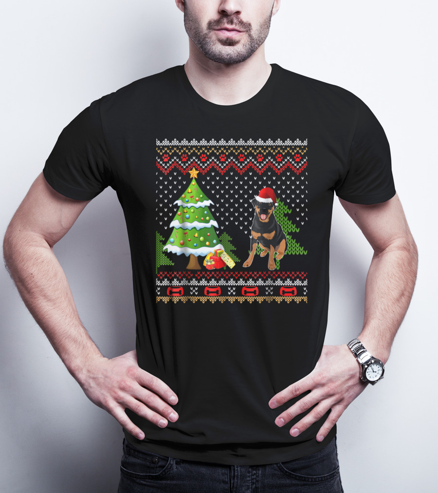 Rottweiler Santa Christmas Ugly Dog Sweater Tree And Gifts T-Shirt