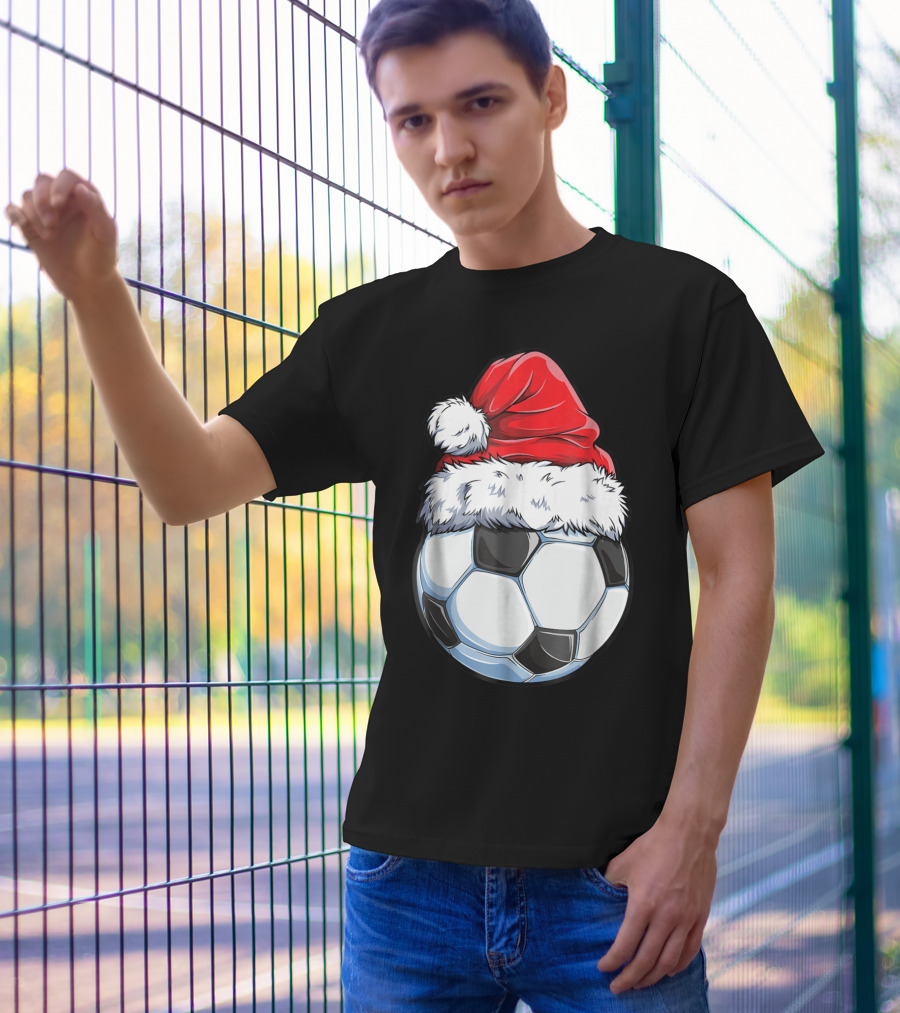 Santa Hat On Soccer Ball Christmas Xmas T-Shirt
