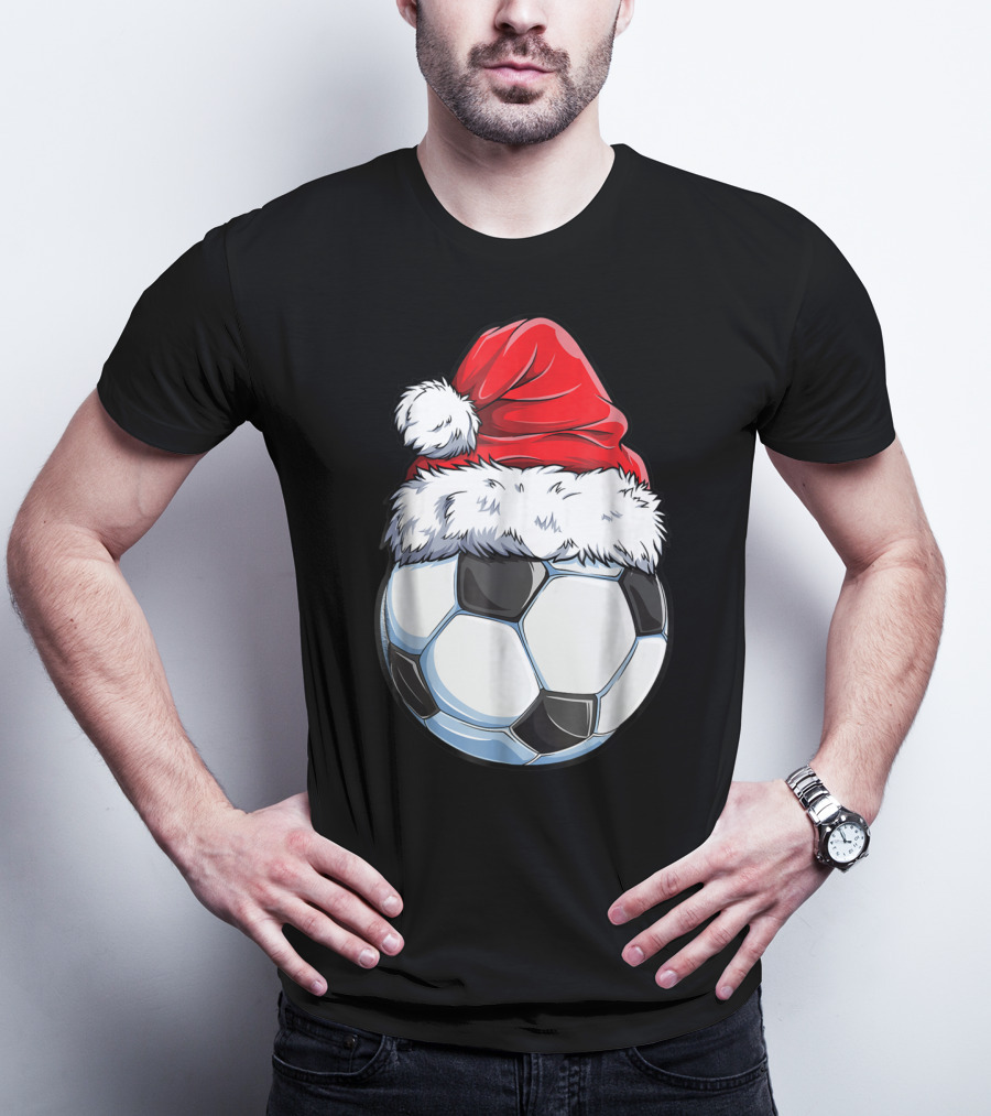 Santa Hat On Soccer Ball Christmas Xmas T-Shirt