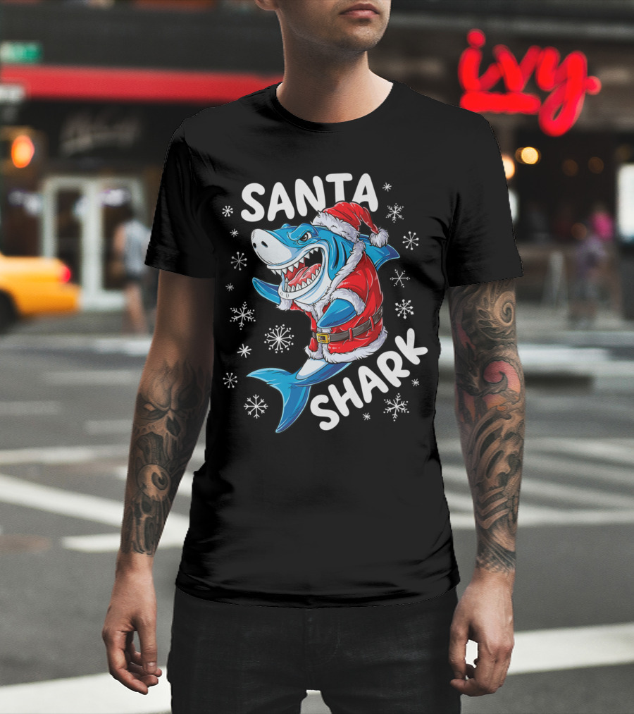 Santa Shark Holiday Cheer Snowflakes T-Shirt
