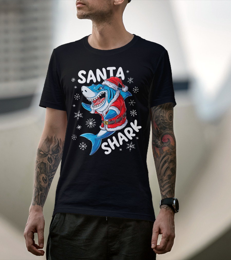 Santa Shark Holiday Cheer Snowflakes T-Shirt