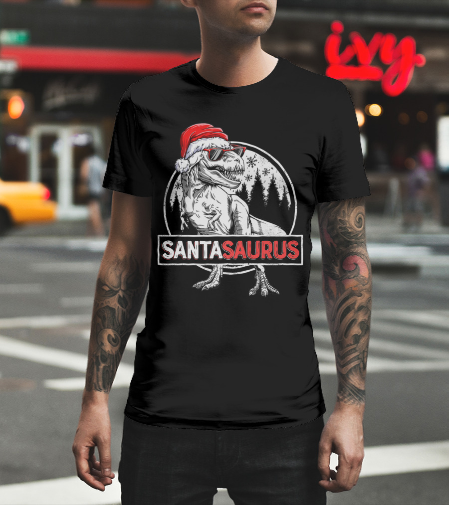 Santasaurus Dinosaur Rex Christmas T-Rex Wearing Santa Hat And Sunglasses T-Shirt