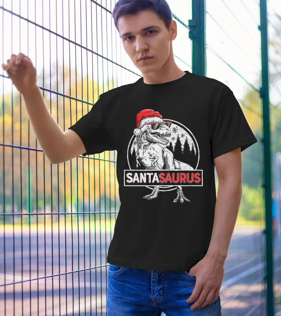 Santasaurus Dinosaur Rex Christmas T-Rex Wearing Santa Hat And Sunglasses T-Shirt