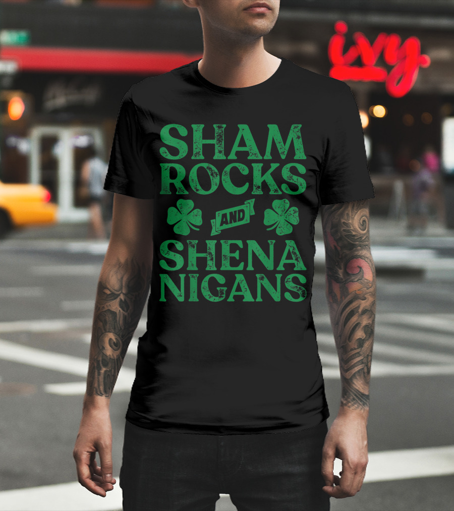 SHAMROCKS AND SHENANIGANS Clover Symbols Green St. Patrick's Day Fun T-Shirt
