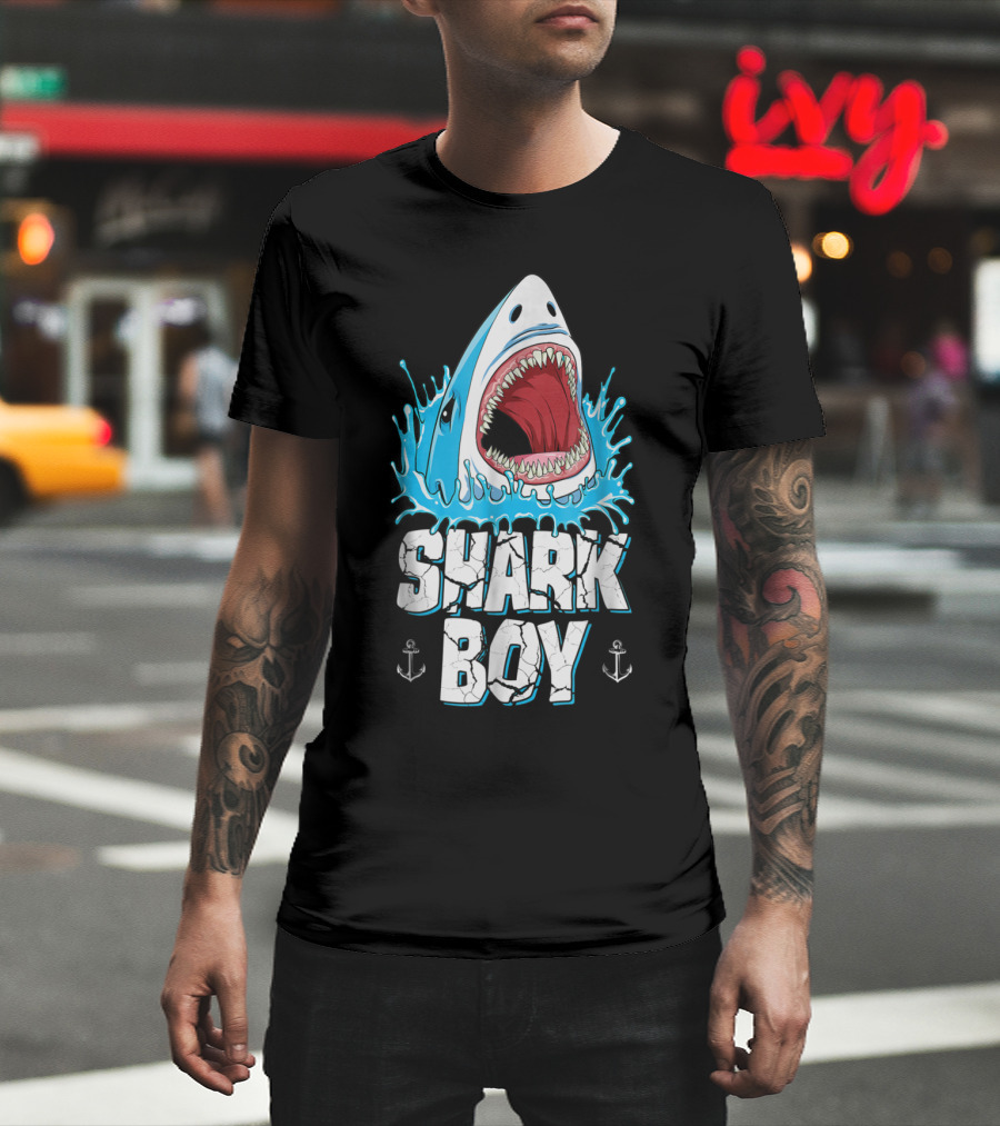 SHARK BOY Fierce Shark With Splashes And Anchors T-Shirt
