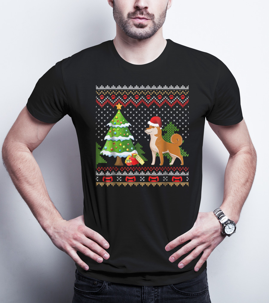 Shiba Inu Santa Christmas Tree Presents UglyDog T-Shirt
