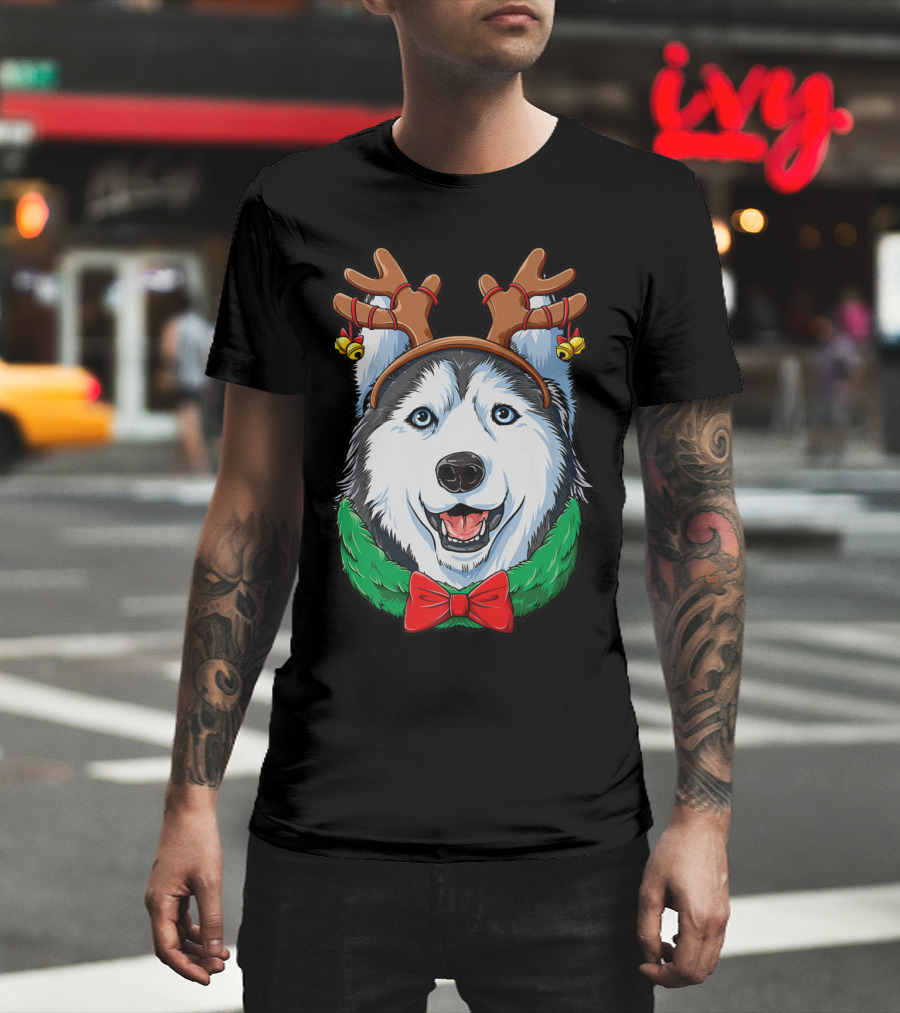 Siberian Husky With Christmas Reindeer Antlers And Festive Bow T-Shirt