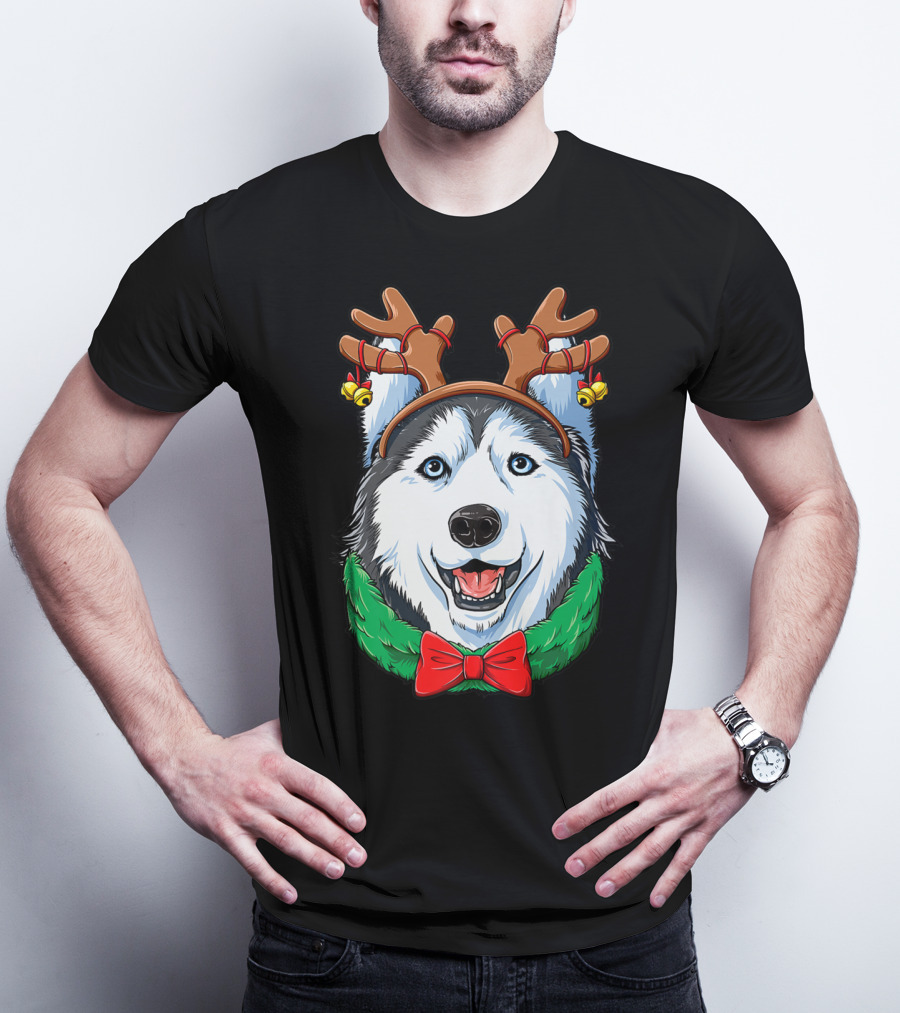 Siberian Husky With Christmas Reindeer Antlers And Festive Bow T-Shirt