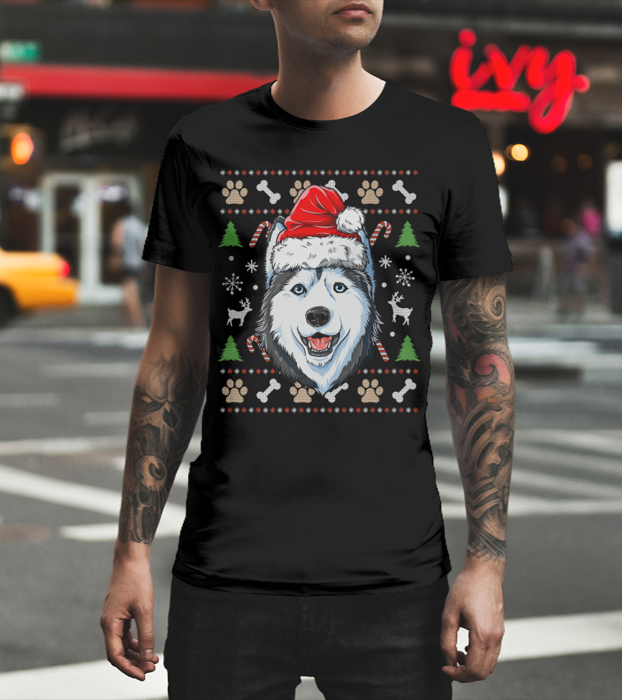 Siberian Husky Santa Hat Snowflakes Candy Canes Christmas Paw Prints T-Shirt