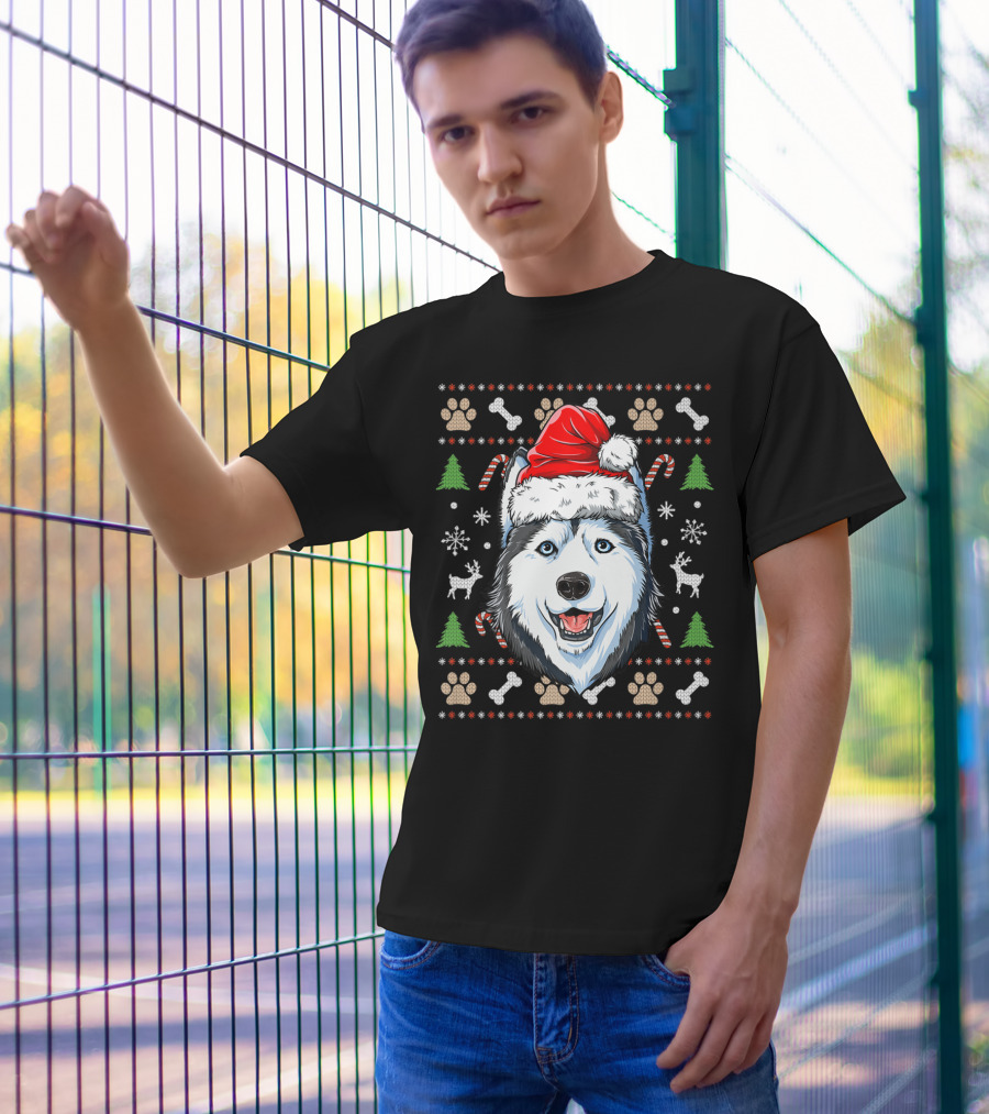 Siberian Husky Santa Hat Snowflakes Candy Canes Christmas Paw Prints T-Shirt