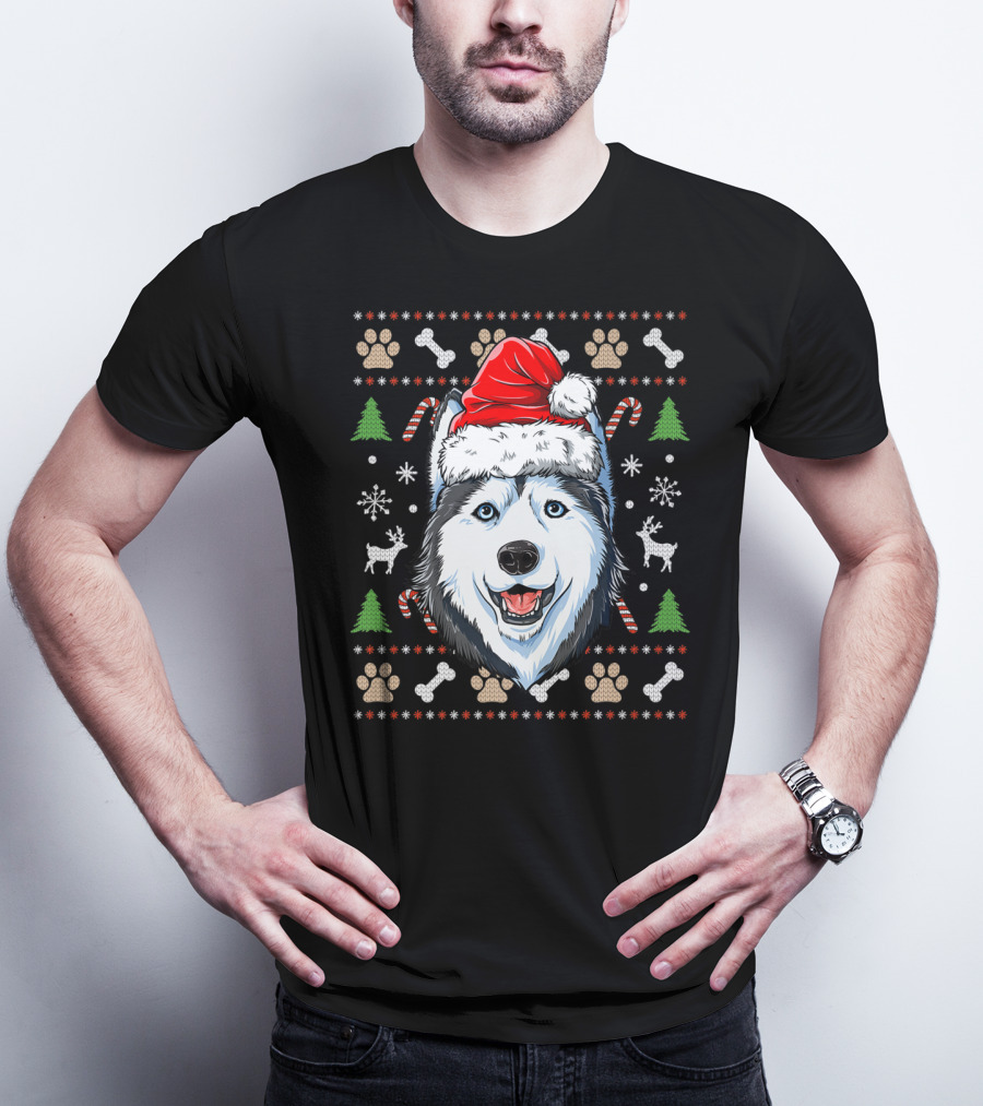 Siberian Husky Santa Hat Snowflakes Candy Canes Christmas Paw Prints T-Shirt