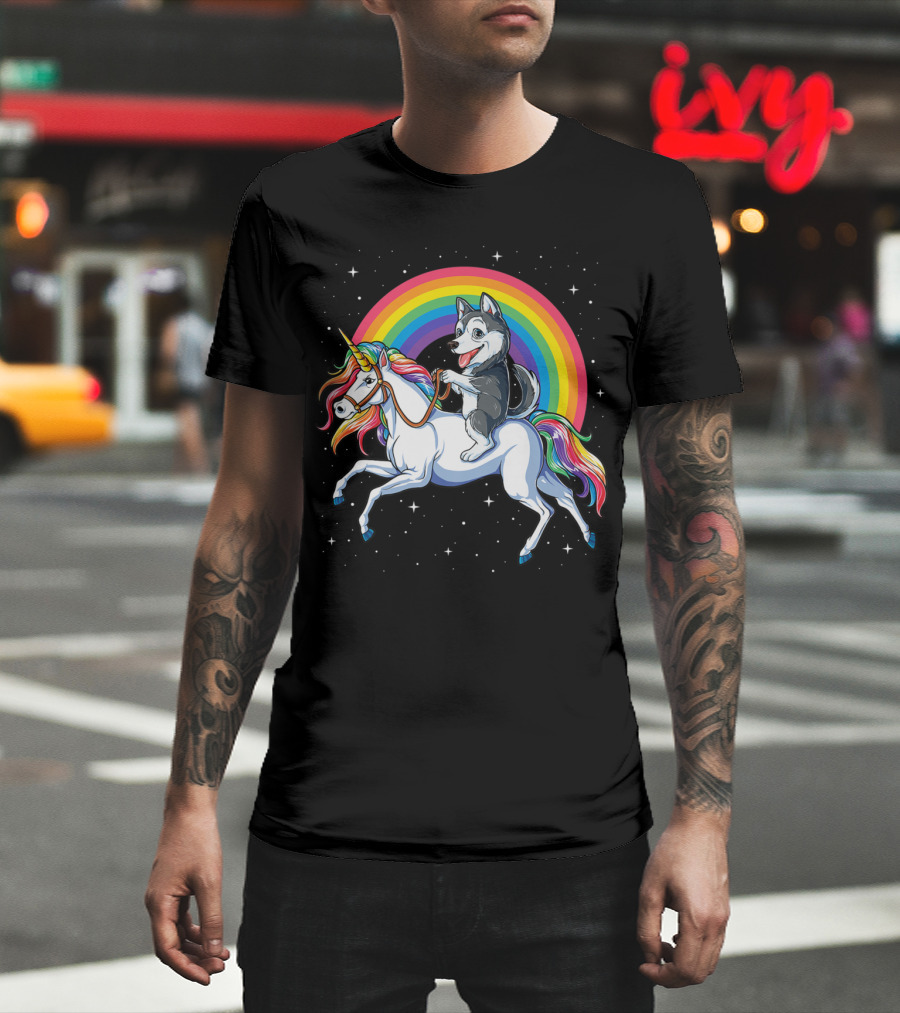 Siberian Husky Riding Rainbow Unicorn In Space Galaxy MK Women's T-Shirt
