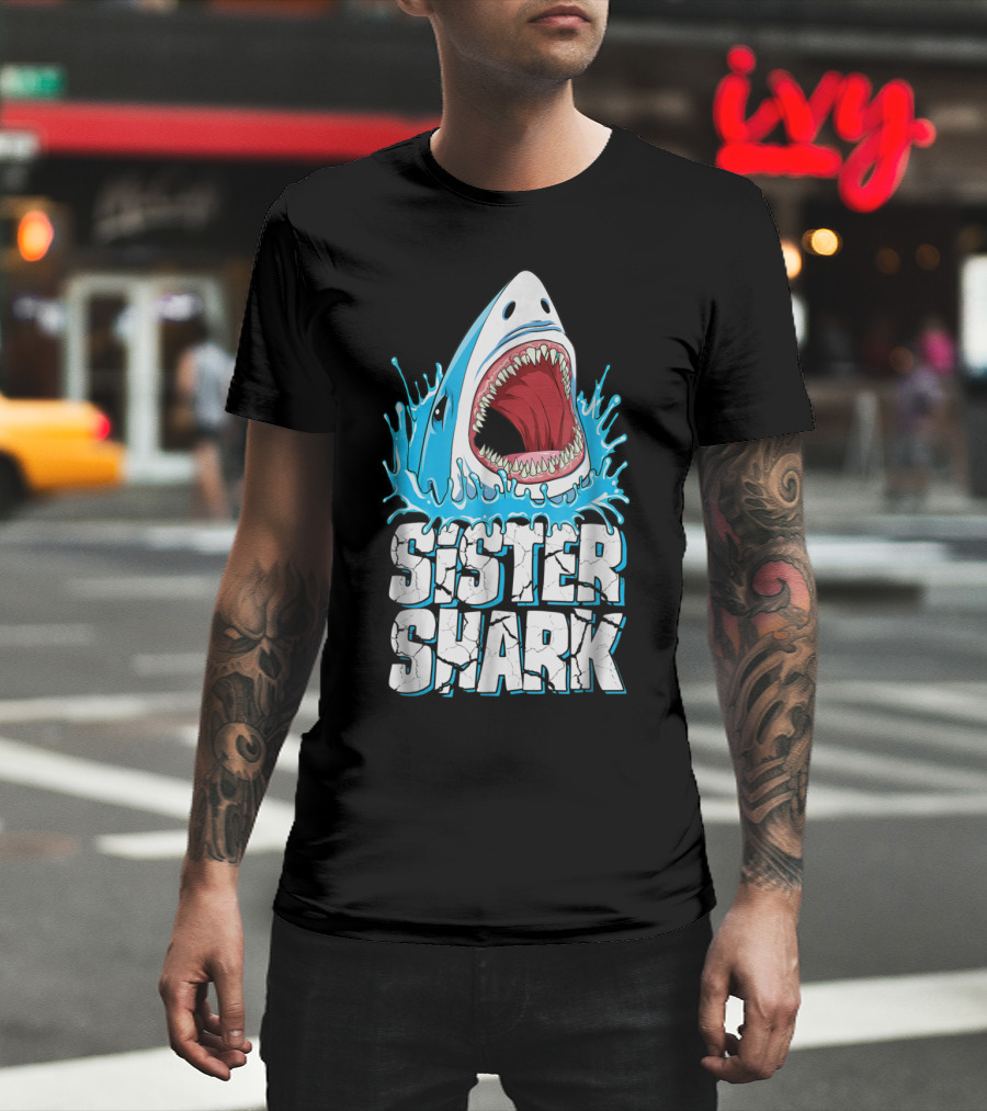 Sister Shark Family Splashing Water Jaws Open T-Shirt