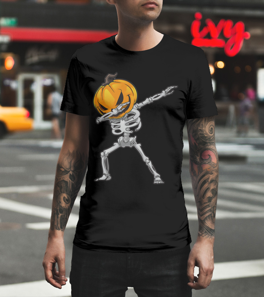 Skeleton Dabbing Halloween Scary Pumpkin Head Dance T-Shirt