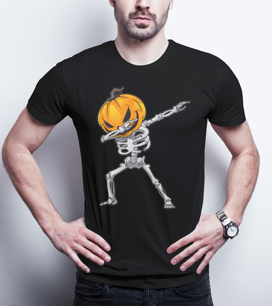 Skeleton Dabbing Halloween Scary Pumpkin Head Dance T-Shirt