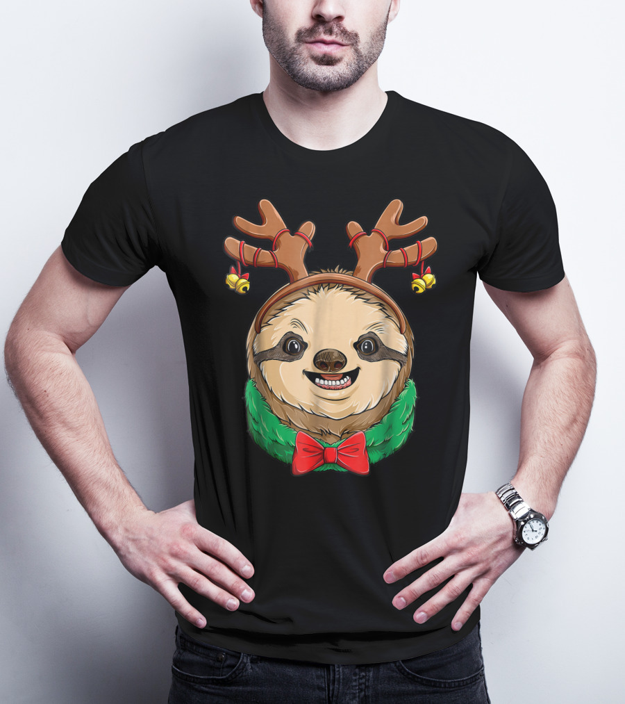 Sloth Christmas Reindeer Antlers Slothmas Xmas Festive Bow And Bells T-Shirt