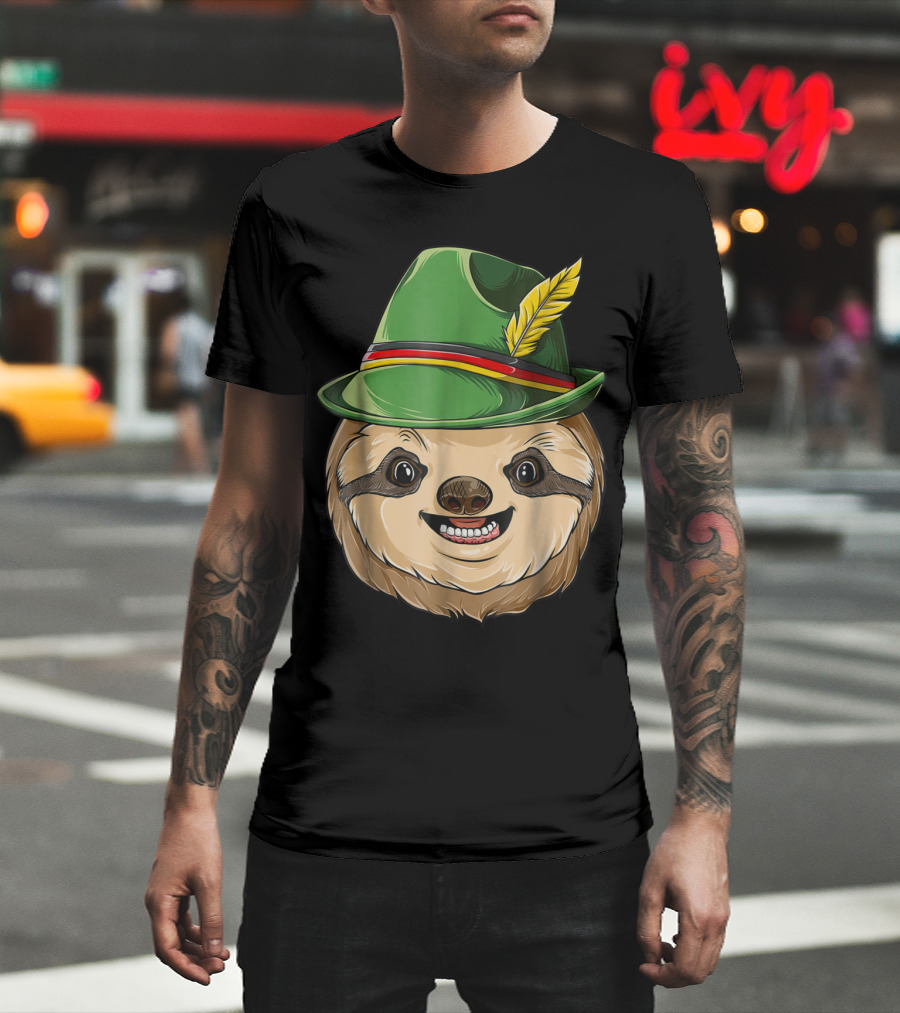 Sloth Oktoberfest Lederhosen Hat With Feather T-Shirt