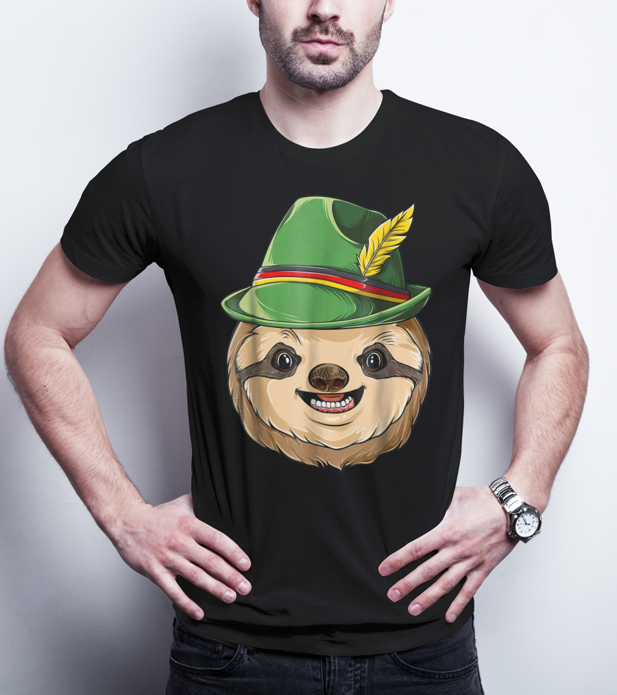 Sloth Oktoberfest Lederhosen Hat With Feather T-Shirt