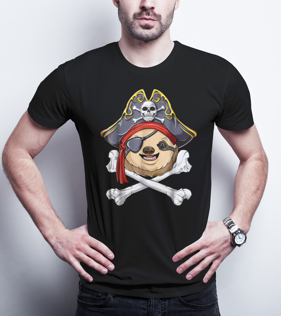 Pirate Sloth With Jolly Roger Skull And Crossbones T-Shirt