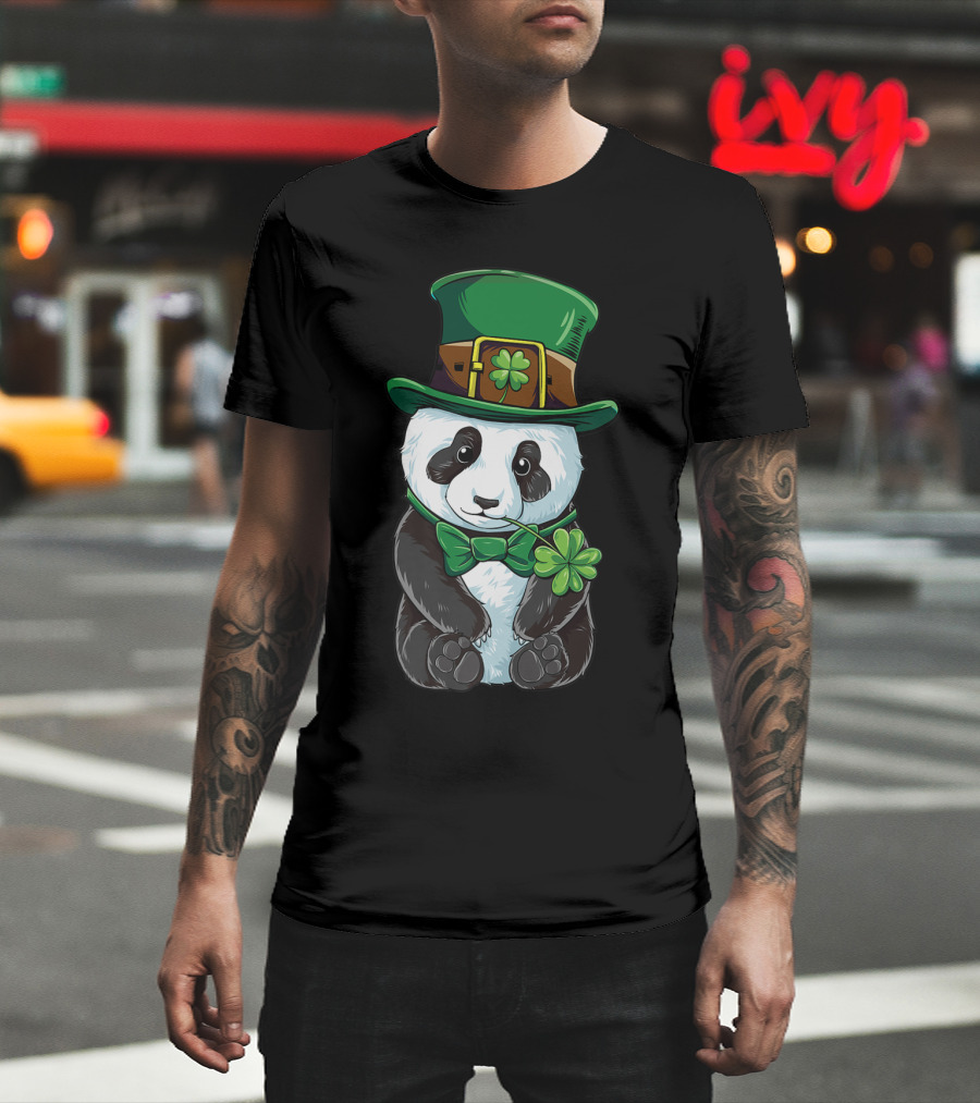 St Patricks Day Leprechaun Panda With Clover Cute Irish T-Shirt
