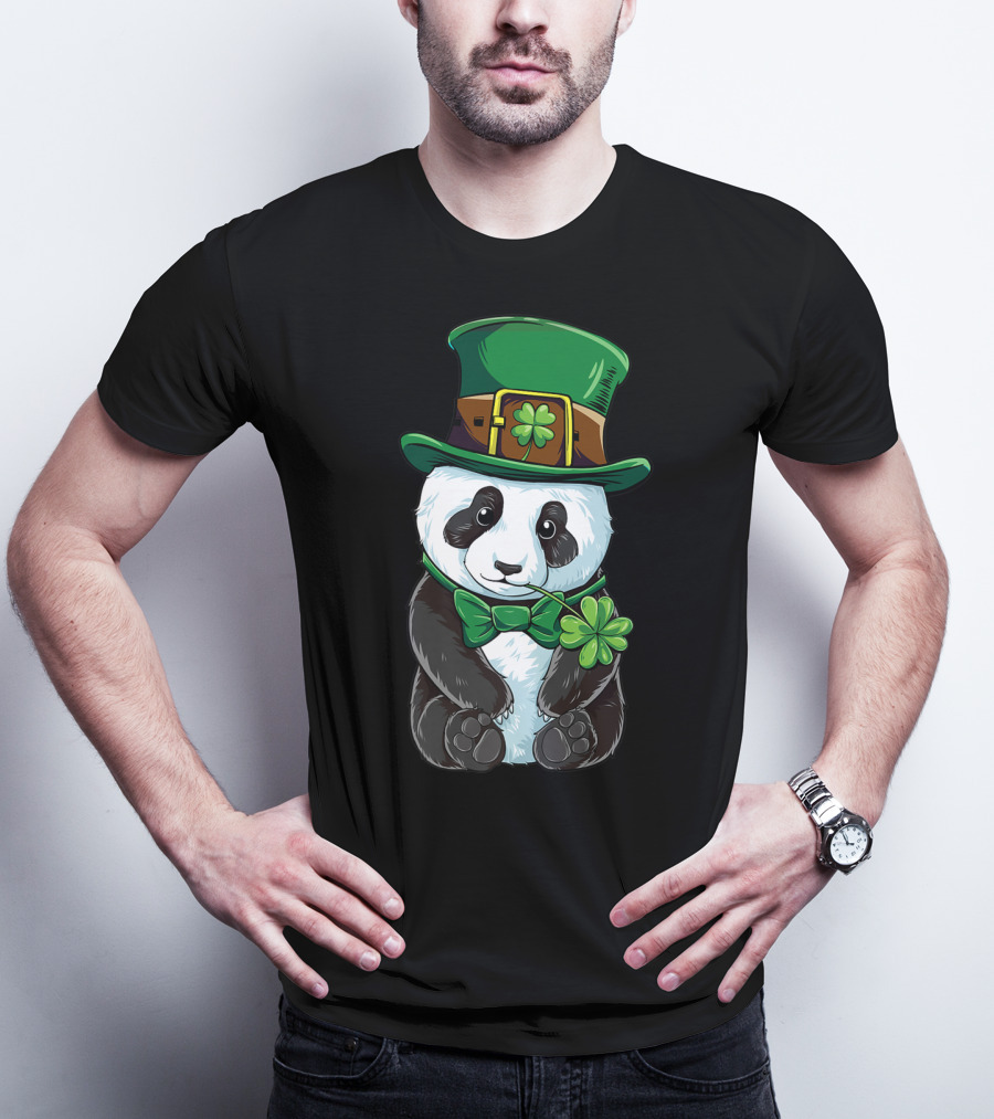 St Patricks Day Leprechaun Panda With Clover Cute Irish T-Shirt