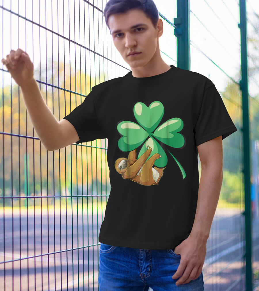 St Patricks Day Sloth Hugging Shamrock T-Shirt
