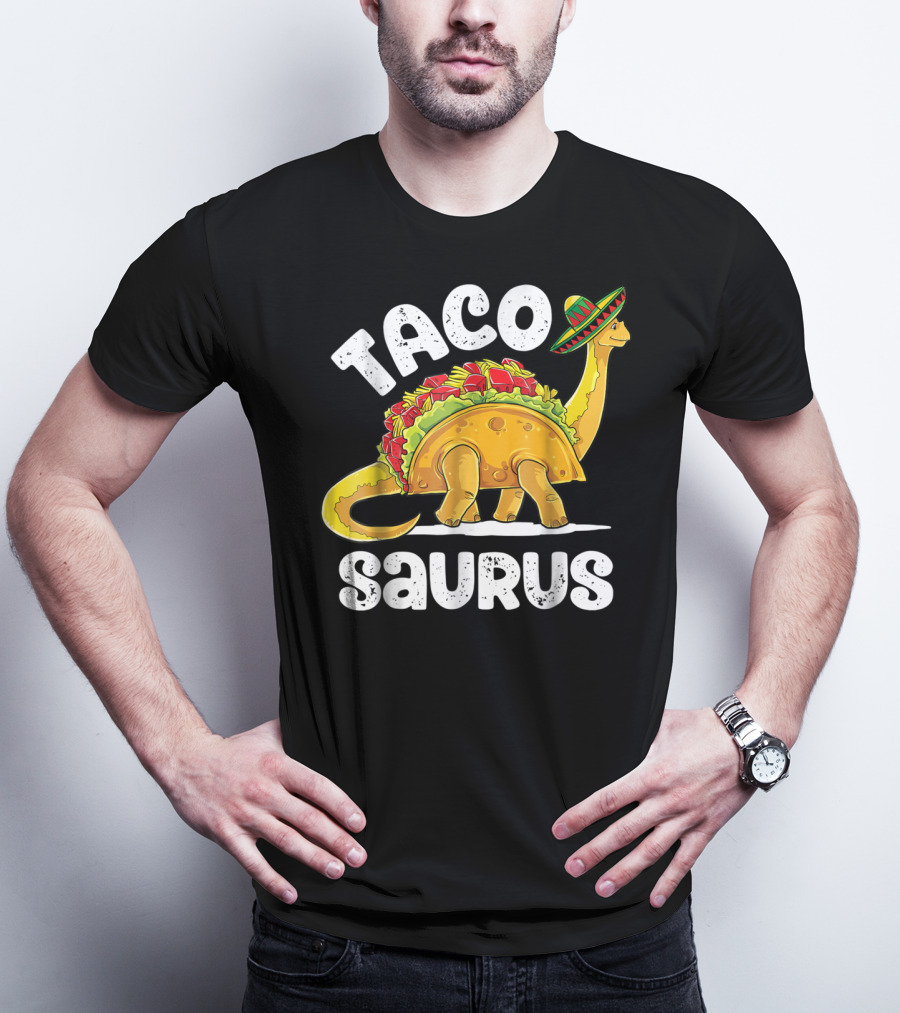 Tacosaurus Dinosaur Wearing Sombrero With Taco Shell Saddle T-Shirt