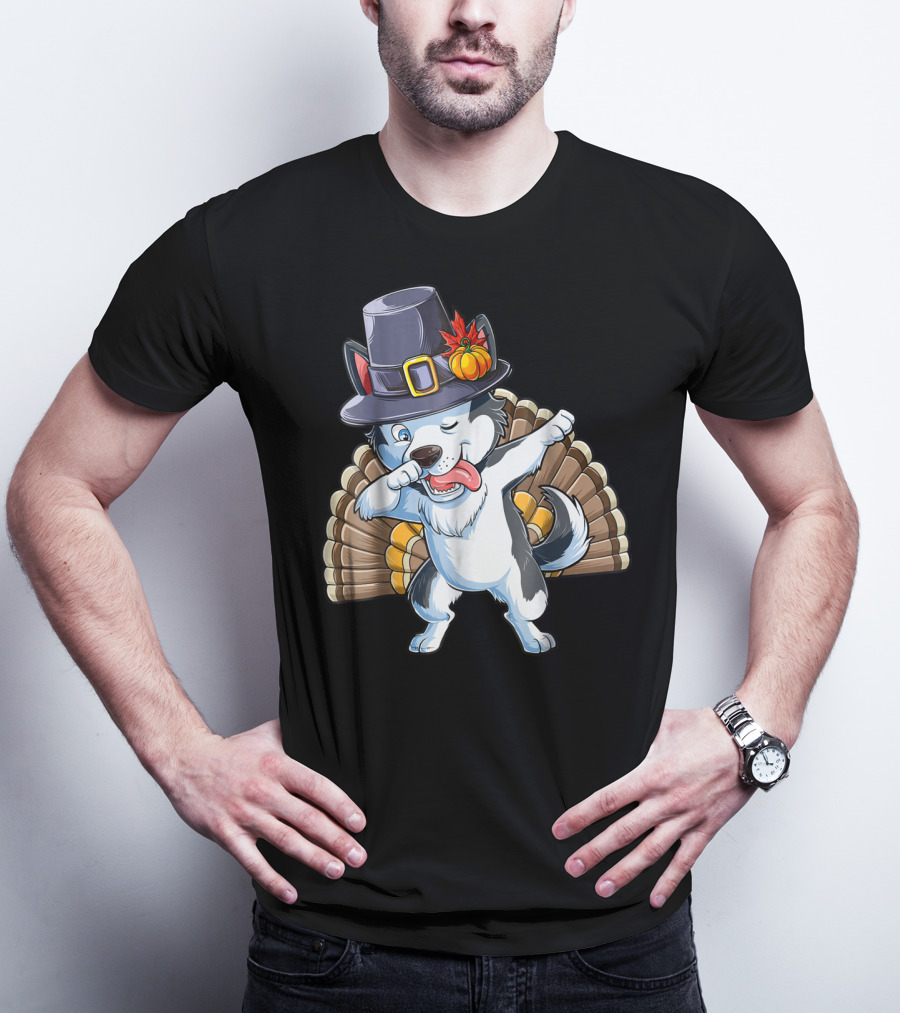 Thanksgiving Dabbing Siberian Husky In Pilgrim Hat With Turkey Feathers T-Shirt