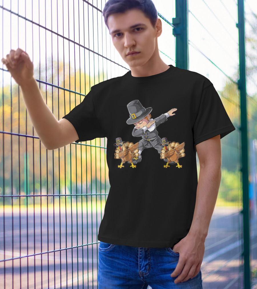 Thanksgiving Dabbing Pilgrim With Turkeys Kids UL T-Shirt