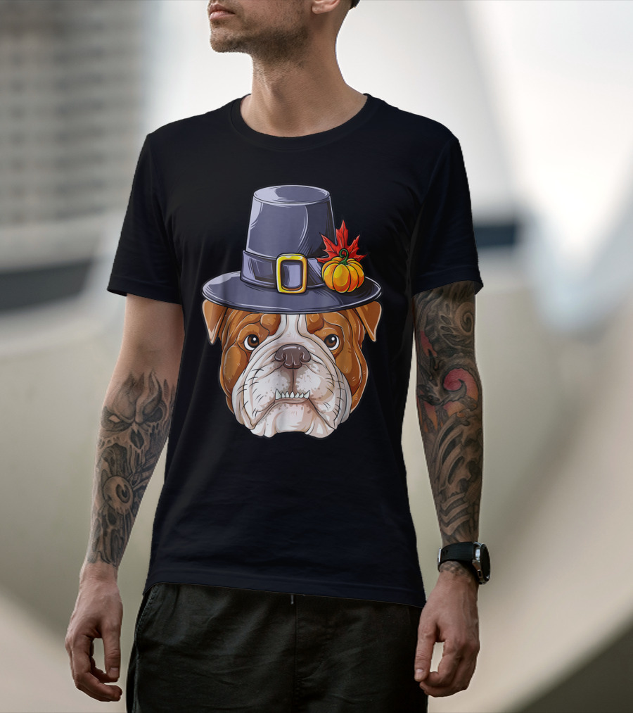 Thanksgiving Kids English Bulldog Pilgrim Hat Pumpkin Maple Leaf T-Shirt