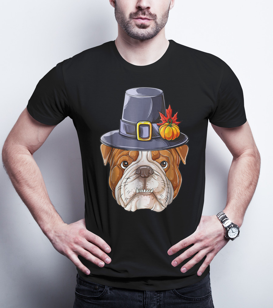 Thanksgiving Kids English Bulldog Pilgrim Hat Pumpkin Maple Leaf T-Shirt