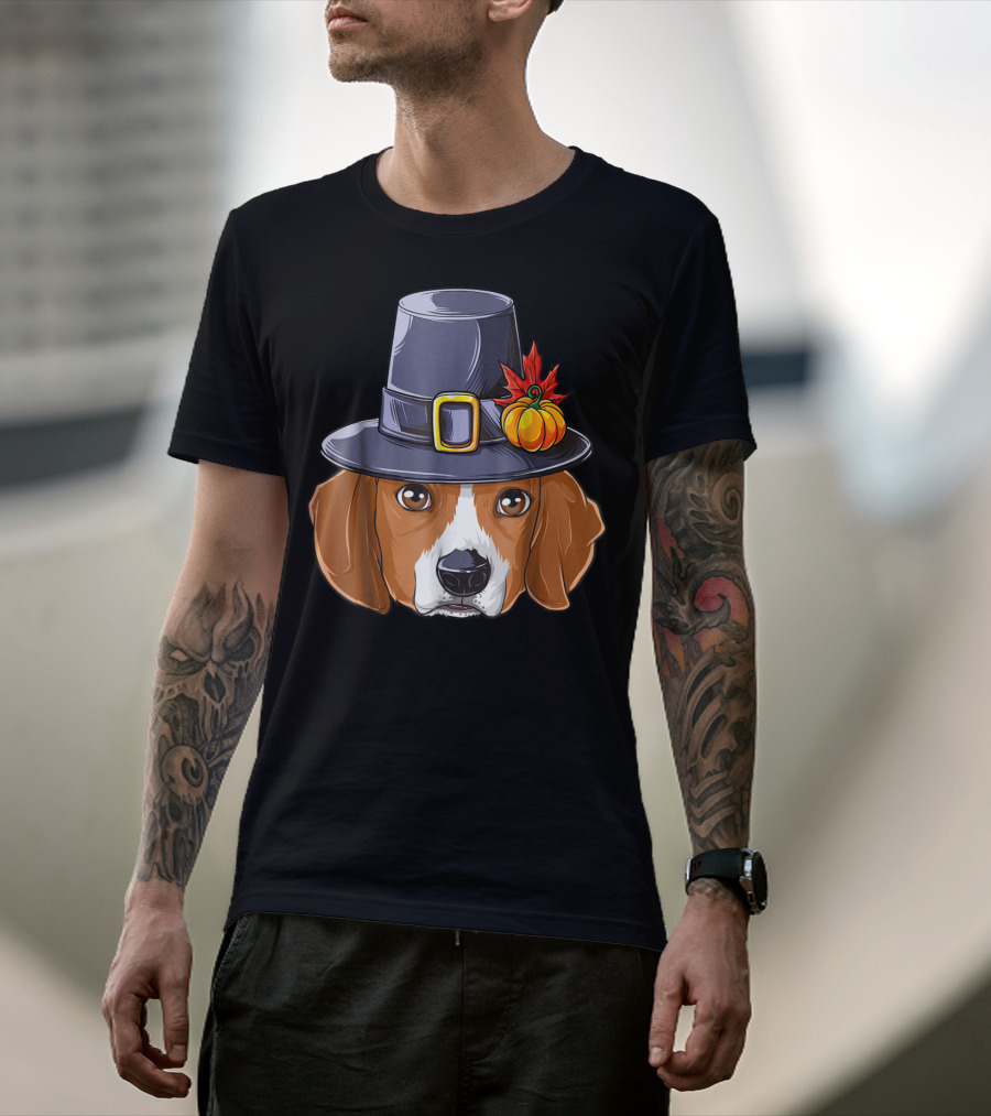 Thanksgiving Beagle Pilgrim Hat Pumpkin Leaf T-Shirt