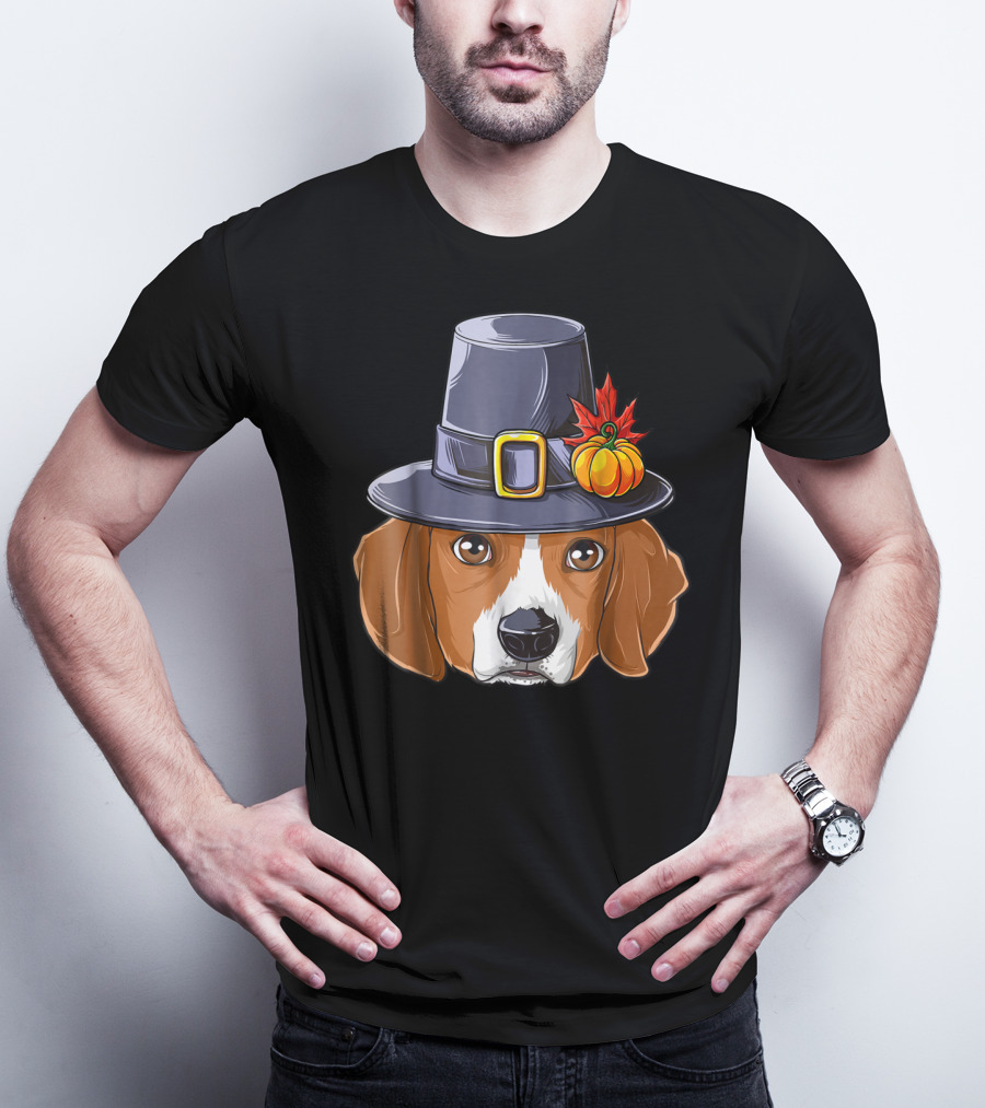 Thanksgiving Beagle Pilgrim Hat Pumpkin Leaf T-Shirt