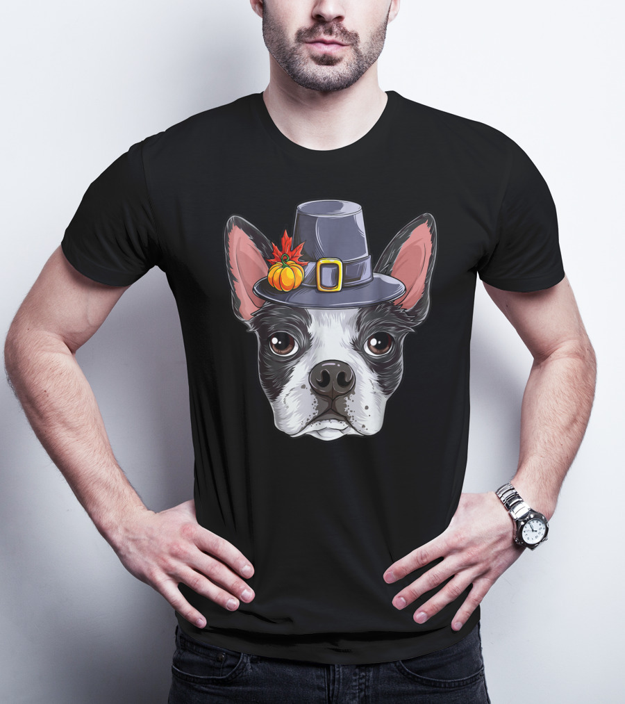 Thanksgiving Boston Terrier Pilgrim Hat Pumpkin T-Shirt