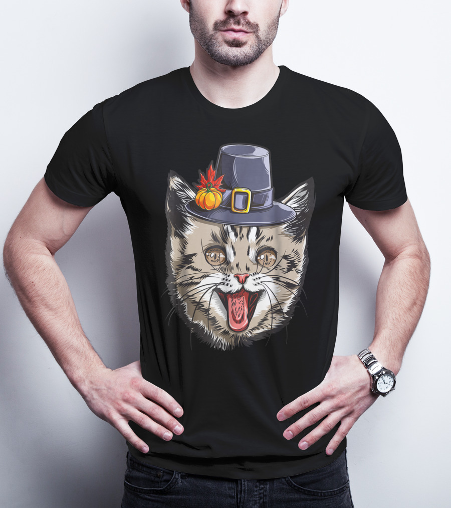 Thanksgiving Cat Pilgrim With Pumpkin Hat IY T-Shirt