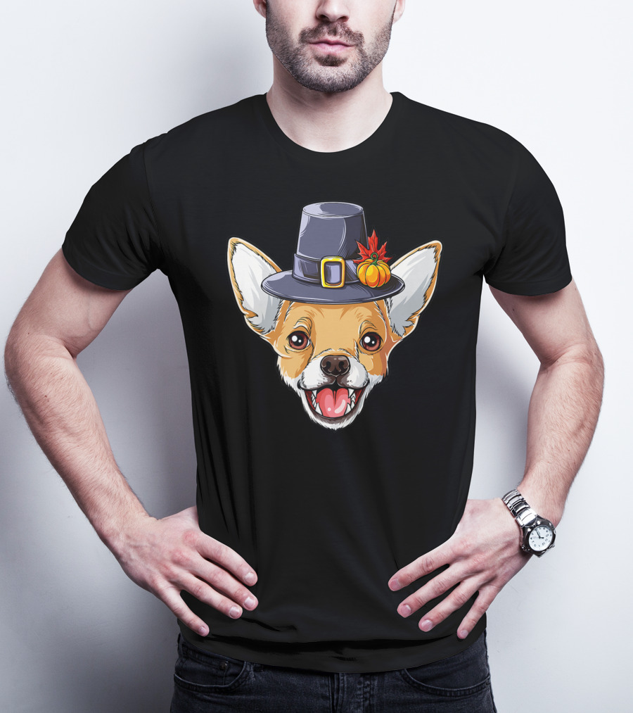Pilgrim Hat Chihuahua With Thanksgiving Pumpkin And Leaf T-Shirt