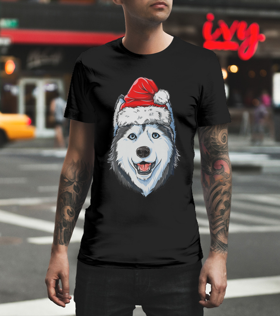 Siberian Husky Santa Christmas Hat Holiday Dog Festive T-Shirt
