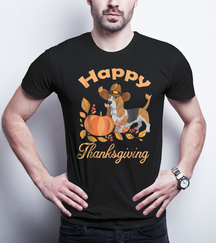 Happy Thanksgiving Basset Hound With Pumpkin And Pilgrim Hat T-Shirt