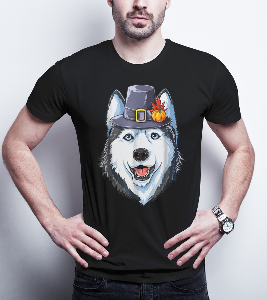 Thanksgiving Pilgrim Hat Siberian Husky With Pumpkin And Maple Leaf T-Shirt
